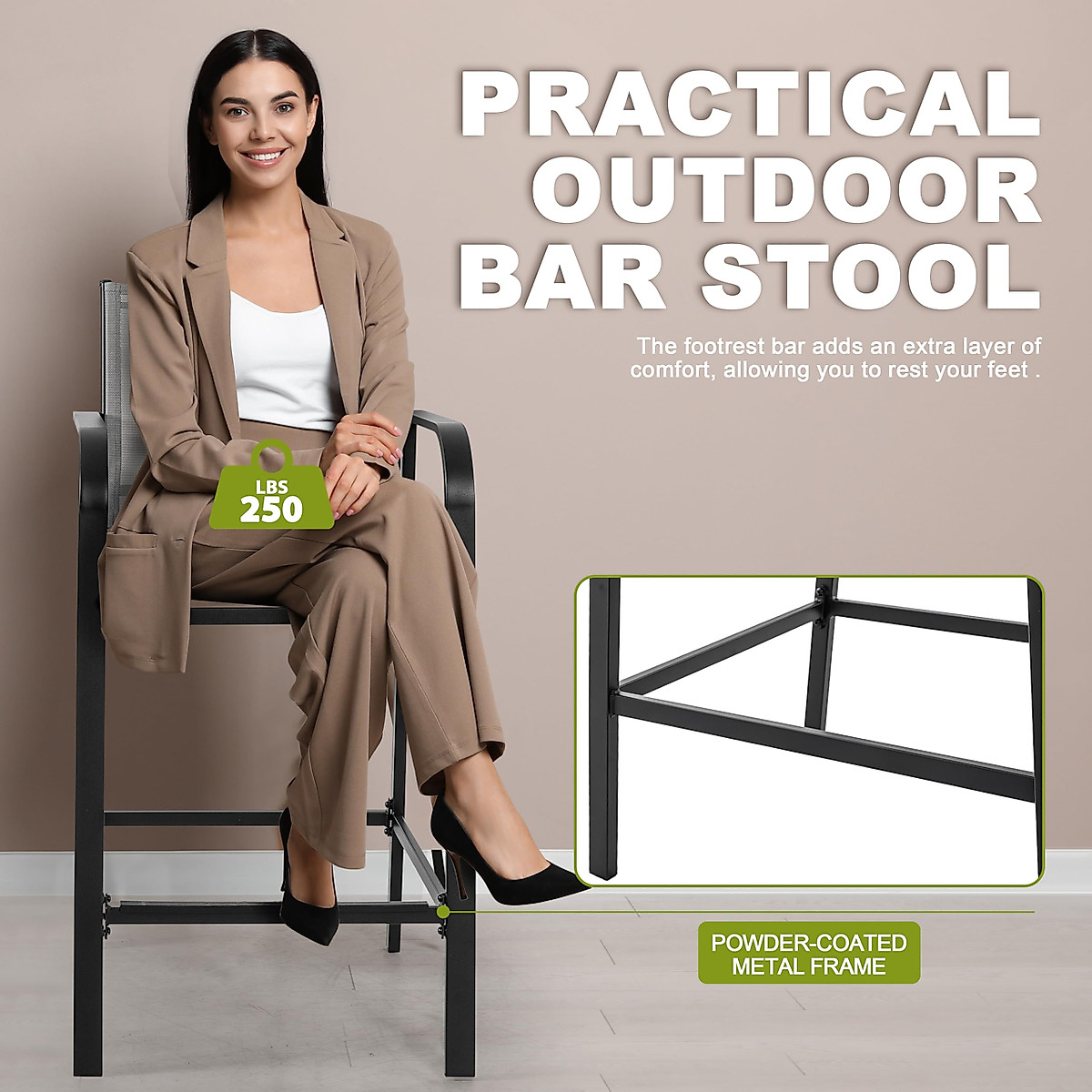 NUU GARDEN 3 Piece Outdoor Bar Set, 2 Textilene High Bar Stools and 1 Patio Bar Table, All-Weather Powder-Coated Frame, Ergonomic Back with Curved Armrests, for Patio, Deck, Garden, Black and Gray