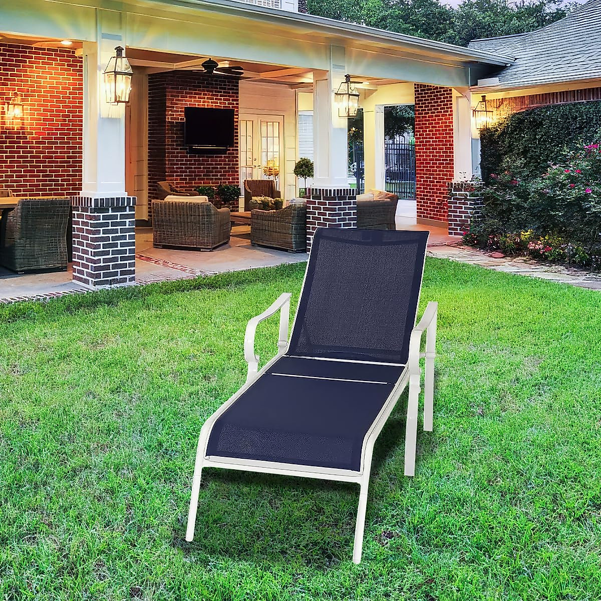 SUMELL Chaise Lounge Outdoor w/Adjustable Back in 5 Reclining Levels Sturdy Metal Frame, Sunbathing Chair for Beach, Yard, Balcony, Poolside, Dark Blue