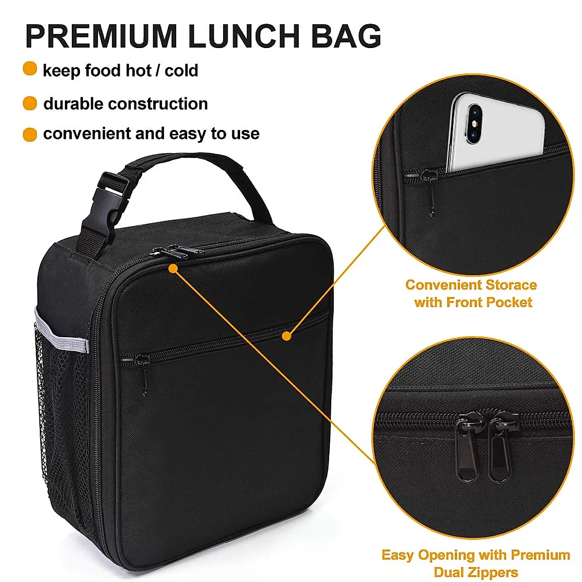 Insulated Lunch Bag, Leakproof Portable Lunch Box for Women Men Boys Girls, Large Capacity Cooler Bag with Handle and Bottle Pocket for Office School Camping Hiking Outdoor Beach Picnic (Black)