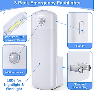 Enhon 3 Pack LED Power Failure Light, 4 in 1 LED Rechargeable Plug in Flashlights with Motion Detection, LED Emergency Lights for Home Power Failure Black Outs Hurricane Supplies