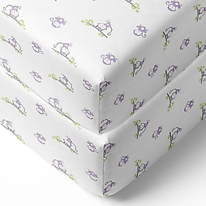 Bacati - Happy Monkeys 2 Pack Essentials Classic Super Soft Breathable 100% Cotton Muslin Baby Crib Fitted Sheets - Fits Standard 28 x 52 x 5 Crib & Toddler Mattresses (Lilac/Grey Girls)