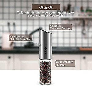 DLD Electric Pepper Grinder USB Rechargeable, Automatic Pepper and Salt Mill Grinder with LED Light, Quick Charging Grinder, Adjustable Coarseness, One Hand Operation