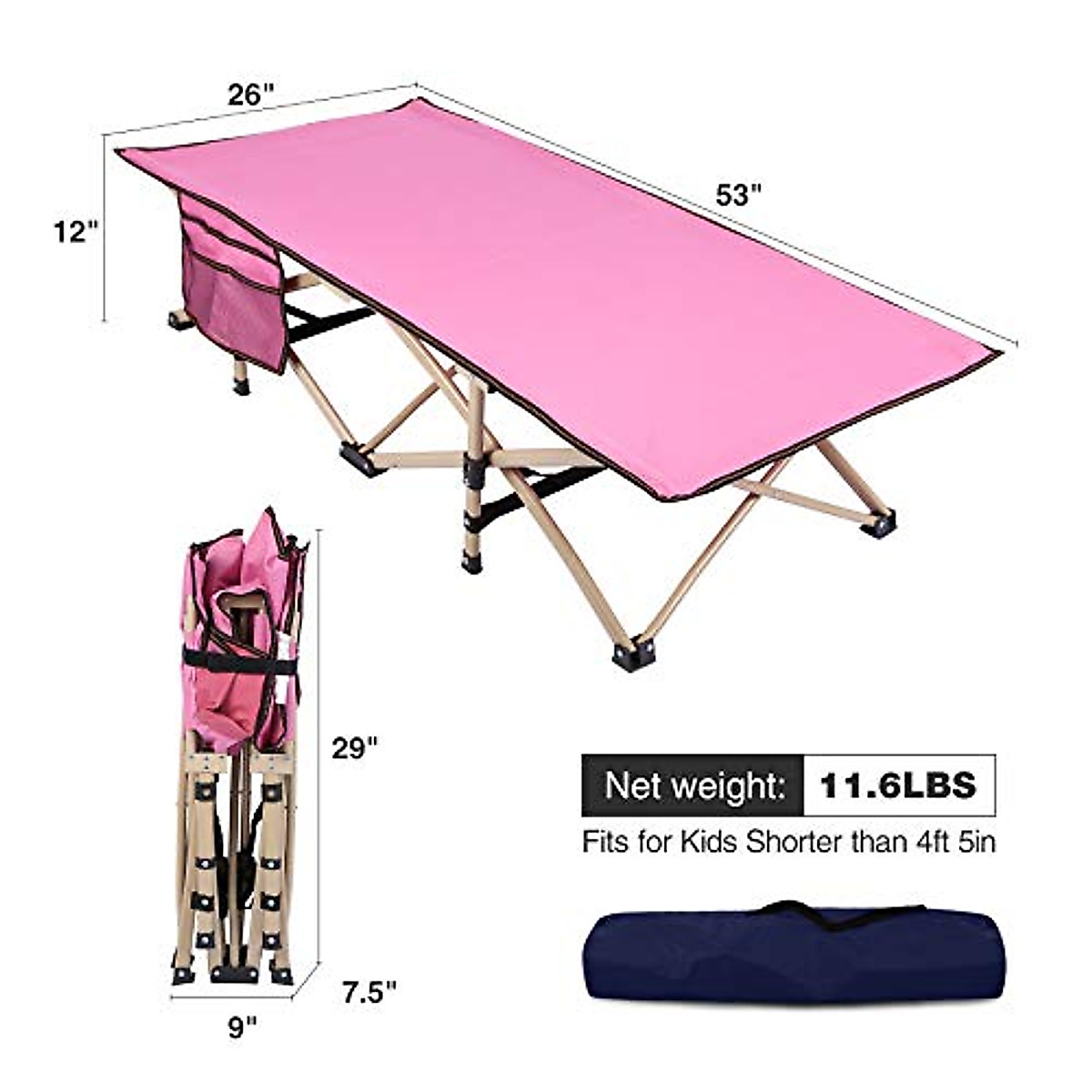 REDCAMP Folding Kids Cot for Sleeping 5-10, Portable Toddler Cot Bed Child Travel Cot for Camping, Pink 53''x26''