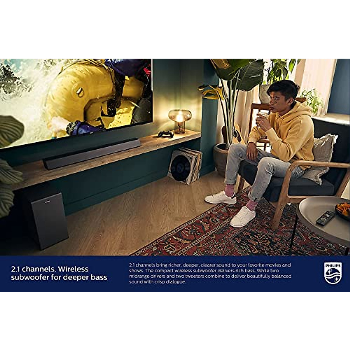 PHILIPS Soundbar with Wireless Subwoofer, Sound bar for tv 2.1-Channel Bluetooth, 300 Watts Dolby Audio Performance, Theater Audio Speakers