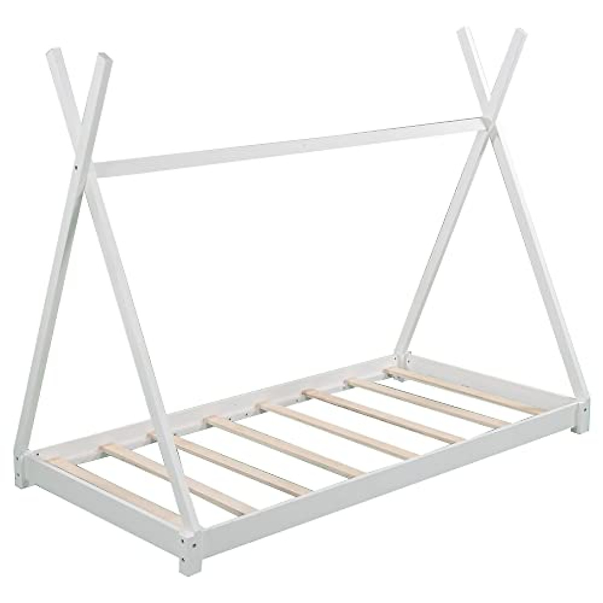 Twin House Bed, Floor Bed, Tent Bed, Wood Platform Bed Frame with Roof for Toddlers Kids Boys Girls Teens, No Box Spring Needed – White