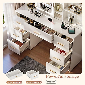 knoworld 47'' Large Vanity Desk with Mirror and Lights, 7 Drawers, 8 Storage Shelves Vanity Table, Big Makeup Vanity Desk with 3 LED Lighting Modes, Vanity Dresser with Outlet, Sliding Mirror (White)