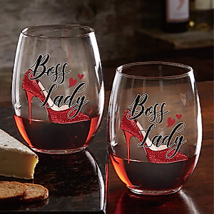 Pishovi Boss Lady Wine Glass with Gift Box, Funny Stemless Glass, Unique Gift for Women, Christmas Birthday New Job Gift for Female Entrepreneur Lady Boss, Coworker, Mom, Girl