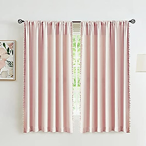 Pom Pom Curtains for Bedroom Pink Girls Room Blackout Window Drapes 63" Energy Efficient Thermal Insulated Living Room Darkening Curtain Panels 2pcs