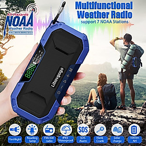 Emergency Radio Waterproof Camping Radio,Portable Digital AM FM Radio with Flashlight,Reading Lamp,Hand Crank WB NOAA Weather Radio with Solar Panel,5000mAH Cell Phone Charger,Outdoor Survival Gadget