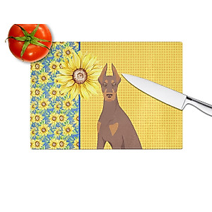 Caroline's Treasures WDK5410LCB Summer Sunflowers Red and Tan Doberman Pinscher Glass Cutting Board Large Decorative Tempered Glass Kitchen Cutting and Serving Board Large Size Chopping Board