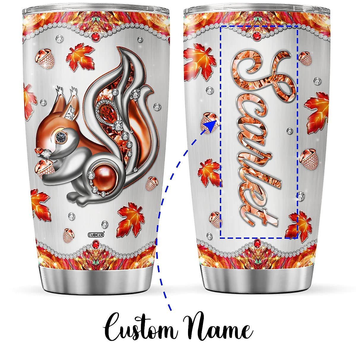 CUBICER Personalized Coffee Tumbler Squirrel Jewelry Style Custom Name Birthday Gifts For Women Girls Mom Teens Kids Insulated Cup Travel Mug With Lid Cute Stainless Steel Cups