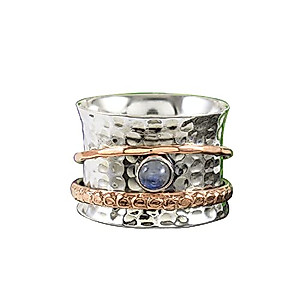 Rainbow moonstone ring Spinner 925 sterling silver ring Meditation Hammered ring Spinning ring family ring silver jewelry (7.5)