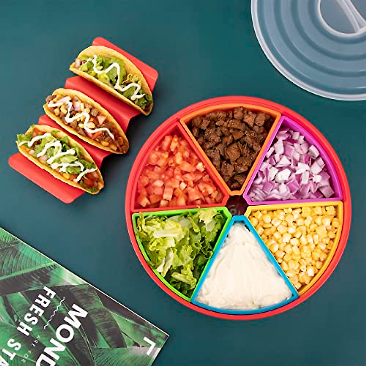 Aichoof Rotating Snack Tray, Colorful Taco Tuesday Heated Lazy Susan Topping Bar, Plastic Storage Food Containers with 6 Removable Bowls, Serving Tray Container with Lid, Perfect For Taco Night