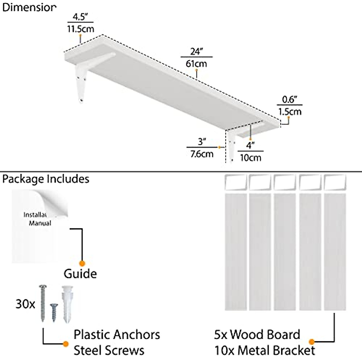 Wallniture Arras 24" Bathroom Shelves, Floating Shelves for Wall Storage, Bookshelf Living Room Decor, Kitchen Shelf Unit, White Wall Shelves for Bedroom Set of 5