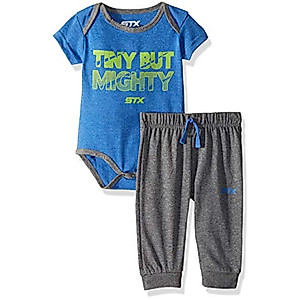 STX Fashion Baby Boys 2 Piece Creeper and Jogger Set, Heather Blue, 3-6 Months