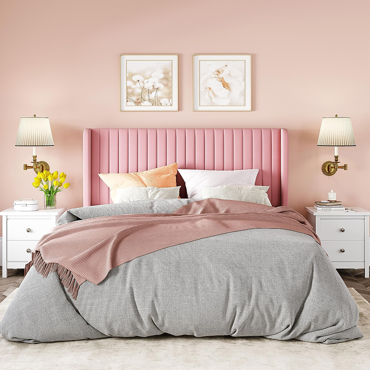 Allewie Full Size Velvet Bed Frame/Vertical Channel Tufted Wingback Headboard/Upholstered Platform Bed/Strong Wooden Slats/No Box Spring Needed/Easy Assembly/Pink