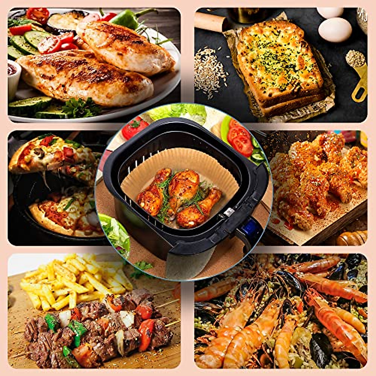 Macood Air Fryer Parchment Paper 6.3 Inch 100 PCS Oil-proof, Water-proof, Non-stick Non-stick Unbleached Food Grade Paper for Air Fryers/Baking/Cooking/Steaming Basket(Brown)