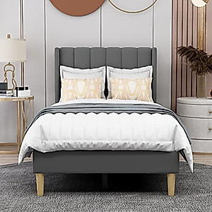 AGARTT Upholstered Platform Bed Frame Twin Size with Headboard Wooden Slats Support/No Box Spring Needed/Easy Assembly,Grey