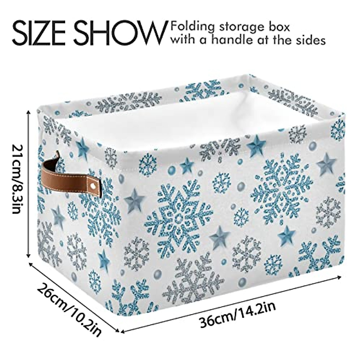 Christmas Snowflake Storage Basket,Blue White Snowflakes Large Storage Bin Fabric Collapsible Organizer Bag with Handles 15x11x9.5 inch