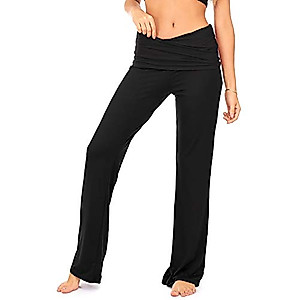 DEAR SPARKLE Fold Over Yoga Stretch Pants for Women | High Waist Bootleg Loungewear Pant + Plus Size (P8) (Black, Small)