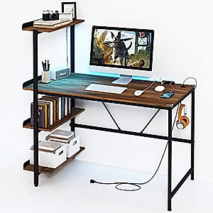 LINSY HOME Computer Desk 47 Inch with LED Light, Home Office Desk with USB Charger, Multifunctional PC Gaming Desk with 3-Tier Adjustable Storage Shelves & Cable Management, Brown