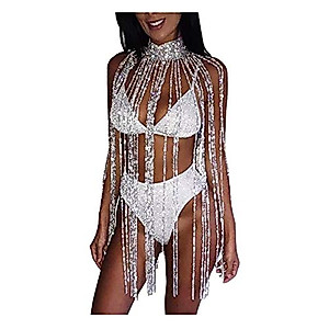 Fstrend Women Rhinestone Choker Long Tassel Necklaces Sparkly Crystal Collar Necklace Fashion Statement Party Festival Body Accessories Jewelry Chain