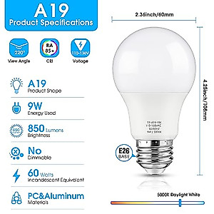 Maylaywood A19 LED Light Bulbs, 60 Watt Equivalent LED Bulb, Daylight White 5000K, 850 Lumens, E26 Standard Base, Non-Dimmable, 9W Bright White LED Bulbs for Living Room Bedroom Home Office, 12-Pack