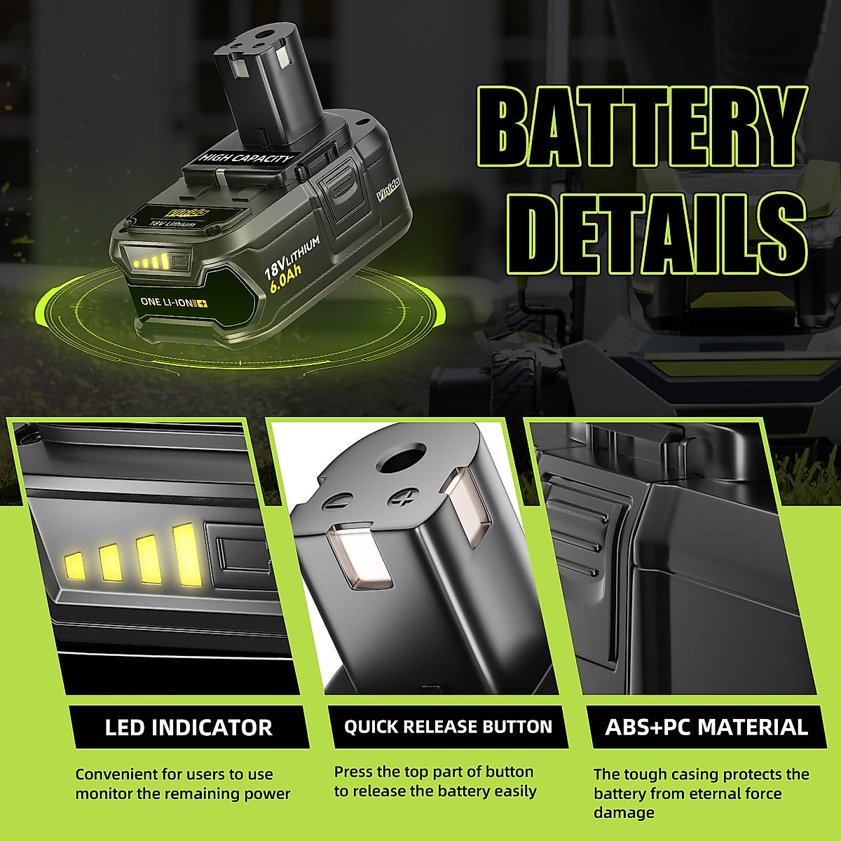 VINIDA 2Packs P108 6.0Ah Replacement for Ryobi 18V Battery Lithium P104 P105 P102 P103 P107 P109 P108 Compatible with Ryobi Battery 18Volt Cordless Tools