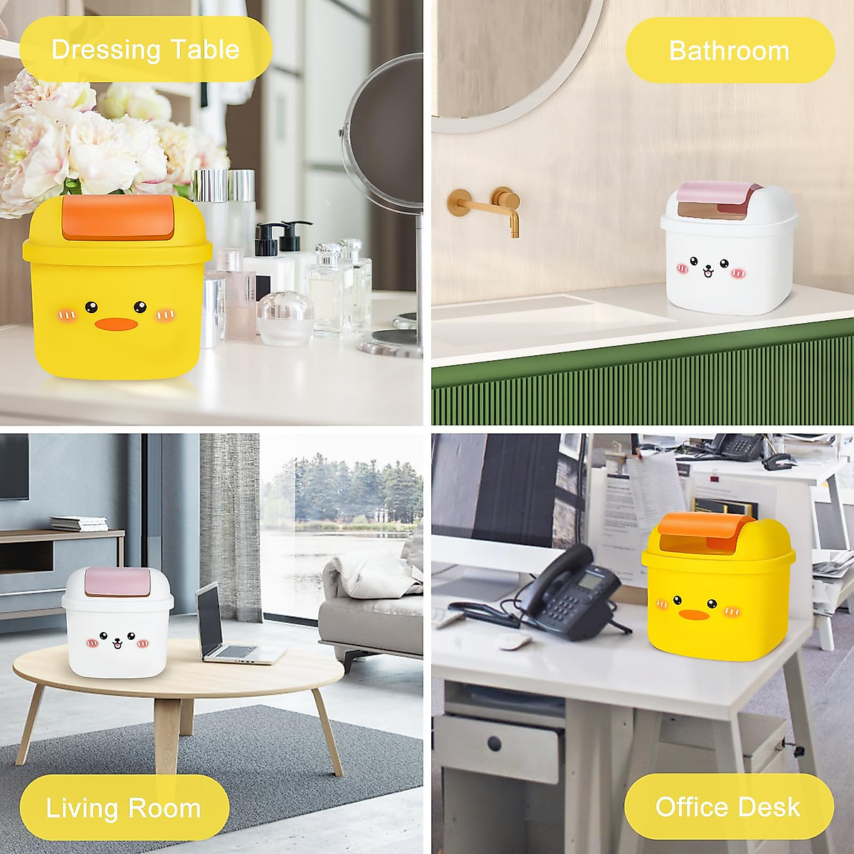 WCHOSOZH Cute Small Trash Can, Mini Desktop Trash Bin, Kawaii Cartoon Animal Shaped Garbage with Flip Lid for Bedroom, Bathroom, Kitchen, Office (Yellow)