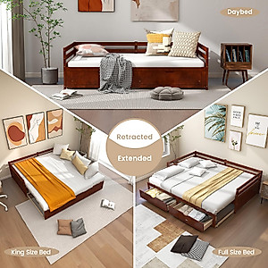 KOMFOTT Wood Daybed with Trundle, Extendable Twin to King Daybed Frame with 2 Storage Drawers, Space Saving Dual-use Sofa Daybed for Bedroom, Guest Room, No Box Spring Required (Walnut)