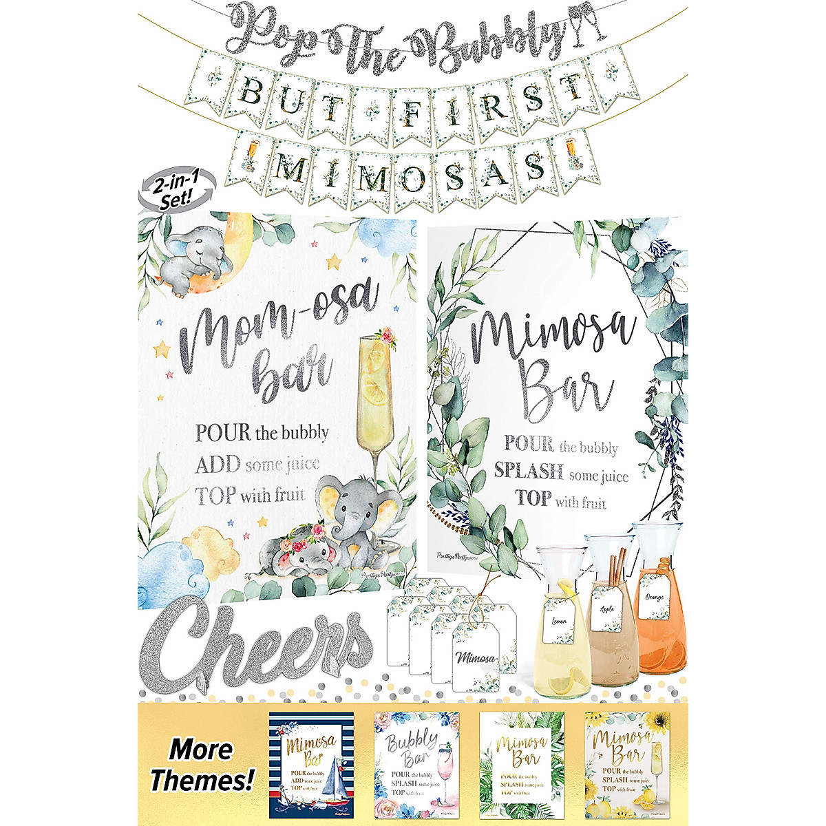 Elegant Mimosa Bubbly Bar Kit - Black and White Champagne Brunch Decorations for Birthday Galentine's Day Bridal Brunch Baby Shower Supplies Red Wine Women Adult Games, Silver Bubble Banner Sign (Red)