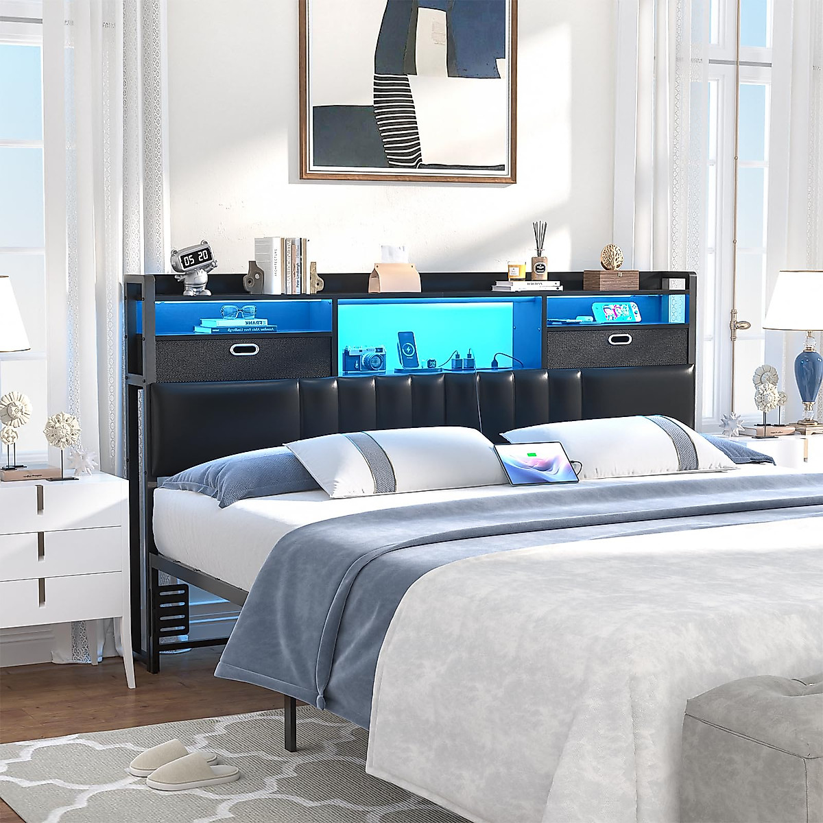 Unikito Queen Headboard with Drawer Storage and RGB LED Light, Queen Size Upholstered Headboard with Power Outlet and Bookcase, Stable Queen Headboard Only, for Bedroom/Dorm Room/Guest Room, Black