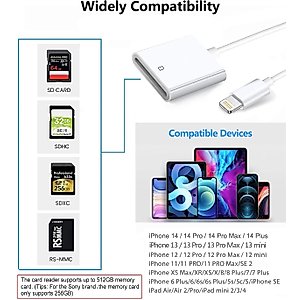 Lightning to SD Card Camera Reader for iPhone iPad,(Apple MFi Certified) SD Card Reader for iPhone,Trail Camera Viewer SD Memory Card Reader Adapter for iPhone 14/13/12/11/XS/XR/X/8/7/iPad,Plug & Play