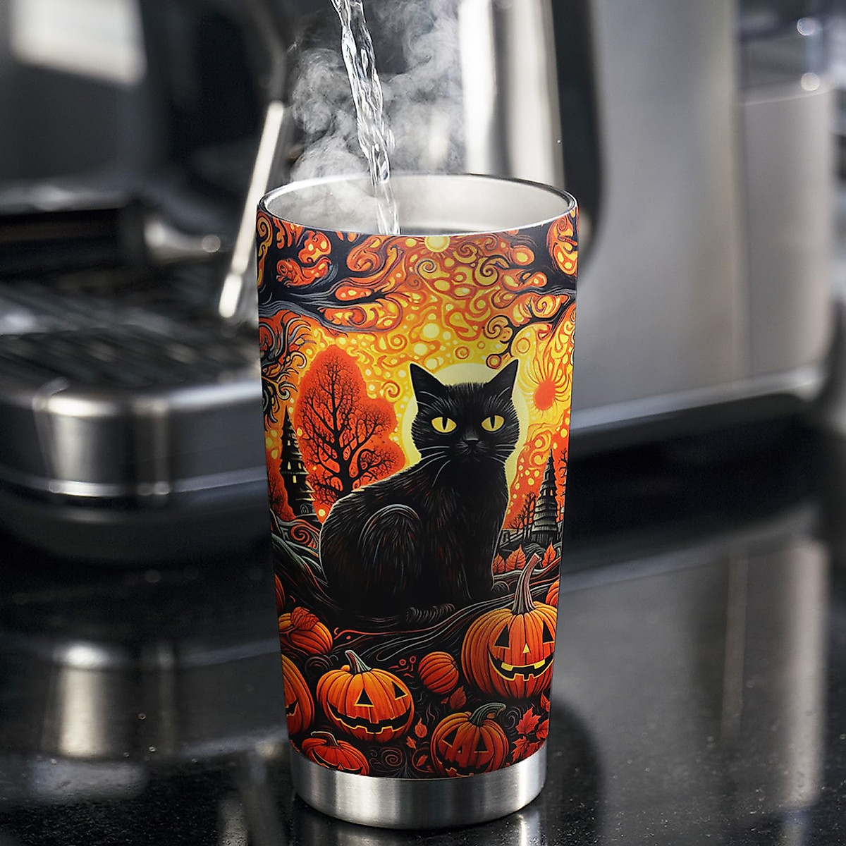ORCAE 20oz Halloween Pumpkin Ghost Black Cat, Gifts for Cat Lovers, Halloween, Trick or Treat Gifts, Coffee Thermos, Stainless Steel Double Wall Vacuum Insulated Coffee Mug, Travel Cup with Lid - O