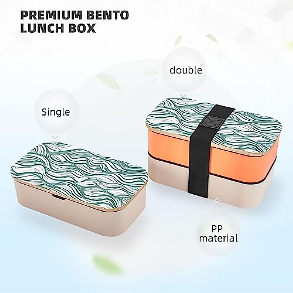Green Wavy Stripe Adult Lunch Box, Bento Box, With Cutlery Set Of 3, 2 Compartments, Rectangular, Lunch Box For Adults