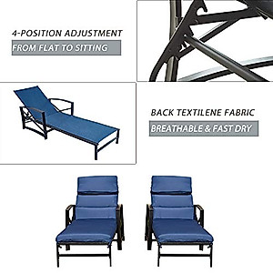 Festival Depot 2 Pieces Patio Outdoor Chaise Lounge Recliner Chairs with Cushions Set Premium Fabric Metal Frame Furniture Garden Bistro Soft Headrests (Blue)