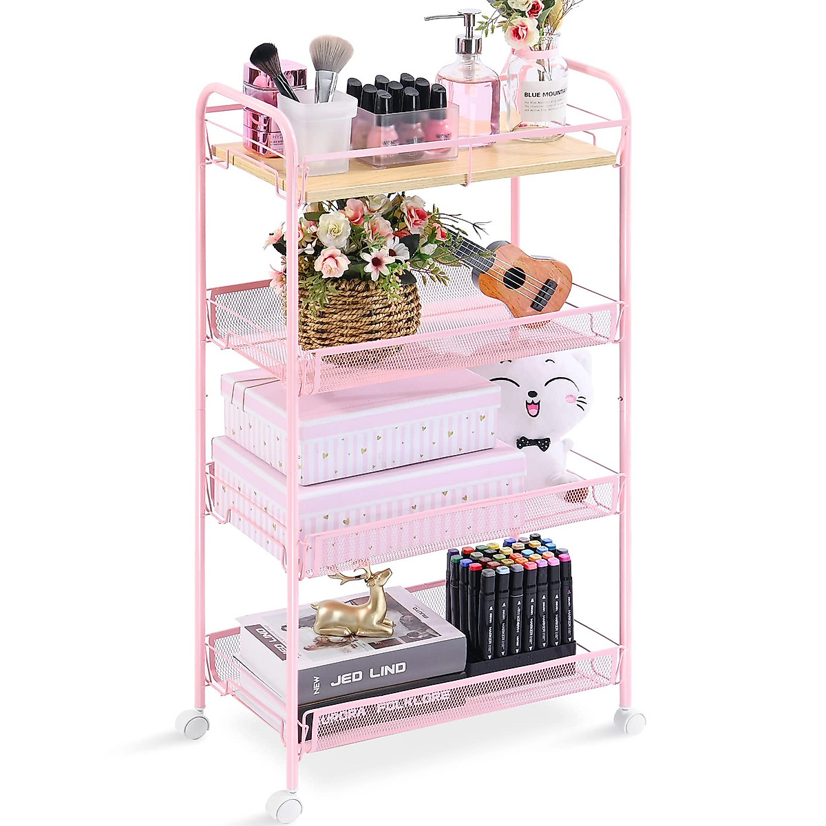KINGRACK 4-Tier Metal Rolling Utility Cart, Pink, Flexible, Sturdy, Easy Assembly, Anti-Rust, Waterproof, Scratch-Resistant, Breathable Mesh Basket, Ideal for Home Storage