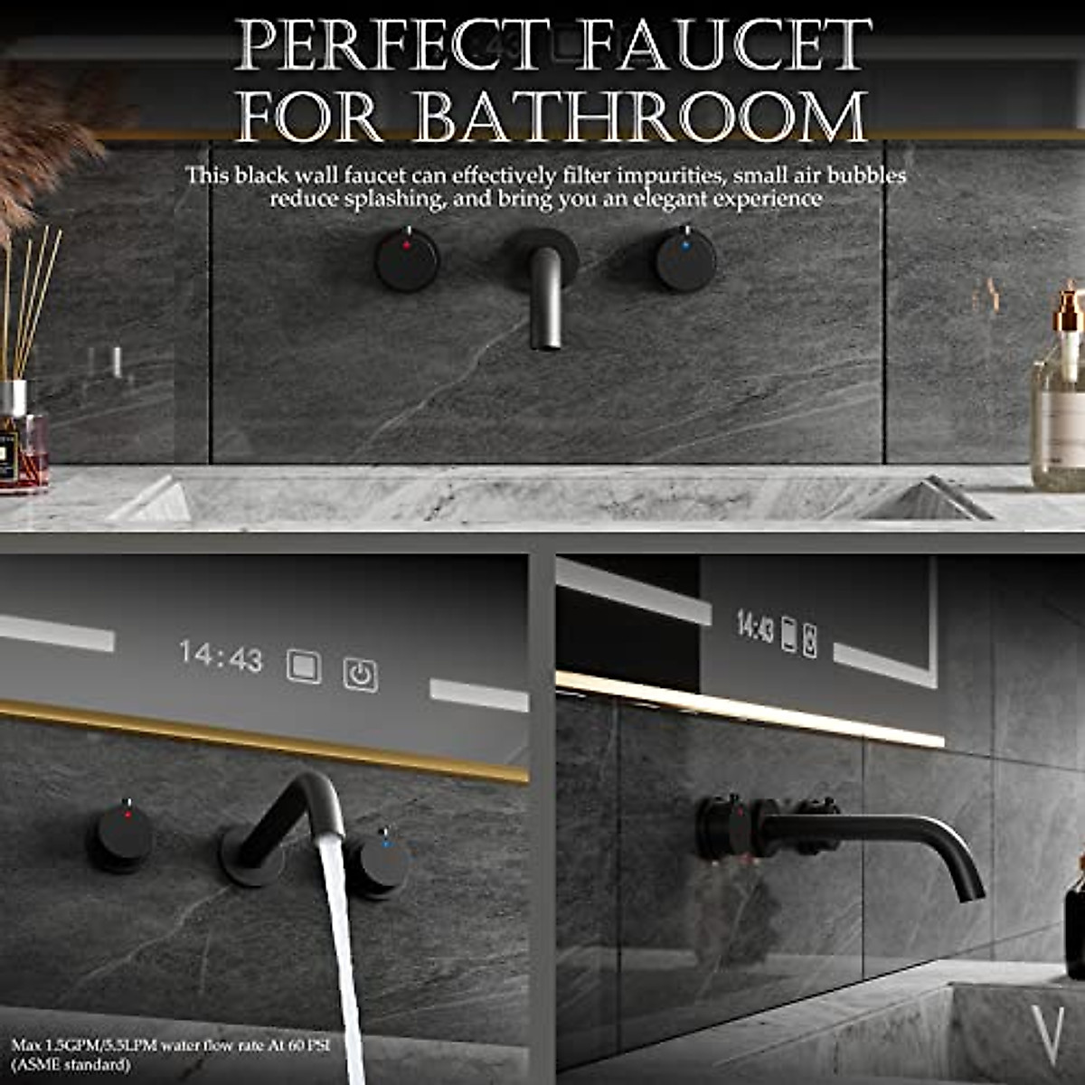 SMALIIBUSS Wall Mount Faucet,Black Wall Faucet Mounted Bathroom Sink Faucets,Double Handle 3 Hole Wall Mount Tub Faucet,Lavatory Basin Sink Mixing Faucet with Rough in Valve.