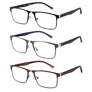 CRGATV 3-Pack Reading Glasses for Men Blue Light Filtering Full Frame Metal Readers Anti Uv/Eye Strain/Glare (+1.75 Magnification Strength)