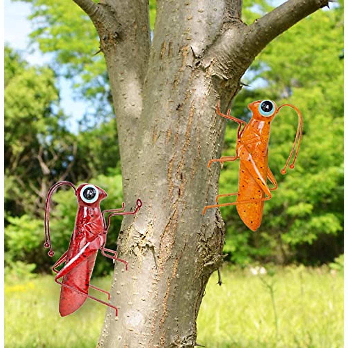 ShabbyDecor Metal Grasshopper Figurine Yard Art Locust Lawn Ornament Mantis Hanging Wall Sculpture Decoration Set of 2,Red&Yellow