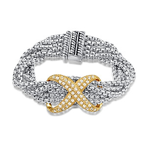 UNY JEWEL Jewelry X Bar 5 Strand Box Chain Magnetic Clasp Wide Bracelet Designer Inspired Christmas Day Gifts (Two Tone 6.50 Inch)