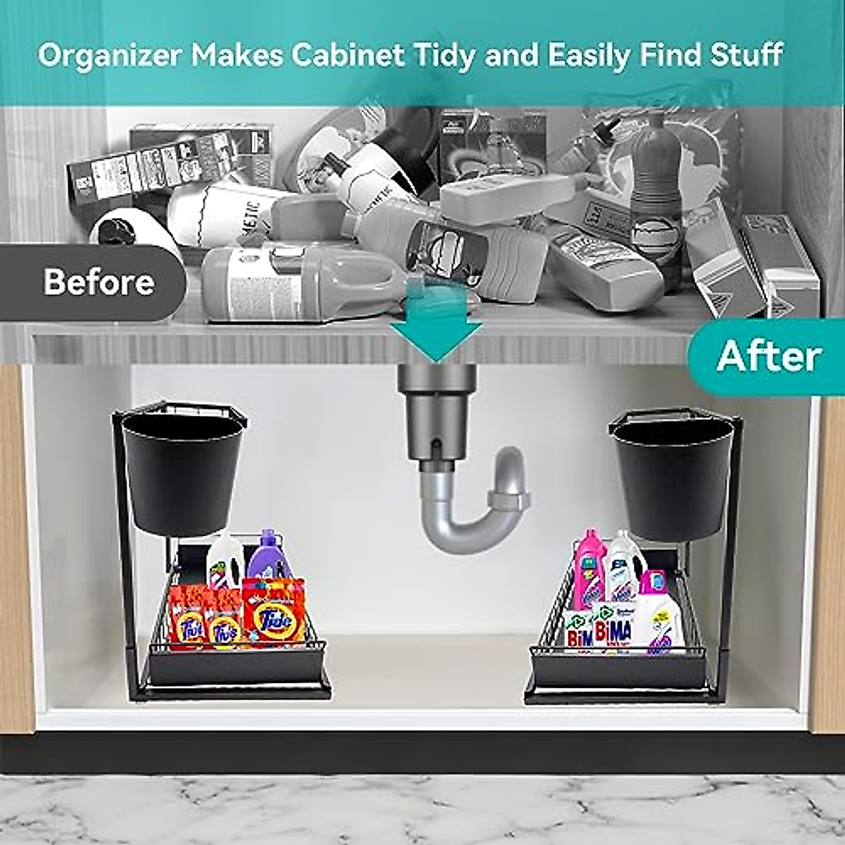 ZWMSSLL Under Sink Organizer, 2 Tier Sturdy, Durable Bathroom-Kitchen Storage Rack with Quiet Sliding, Adjustable, Multi-Purpose Design for Sink and Cabinet Storage
