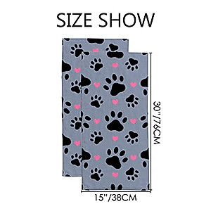 Hand Bath Towels 2 Pack Paw Print Pink Heart Absorbent Face Fingertip Towels for Bathroom Kitchen Gym Spa Soft Hair Drying Cloth Quick Dry, 30 x 15 Inch