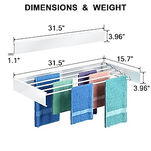 Laundry Drying Rack Collapsible, Wall Mounted, Clothes Drying Rack, 31.4" Wide, 13.2 Linear Ft, 5 Aluminum Rods, 60 lb Capacity, with Wall Template, Screwdriver Bit, Drill Bit ( White 31.4" Medium )