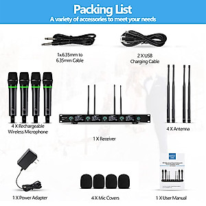 Bietrun 4-Channel Wireless Microphones System with 4 Rechargeable Handheld Mics, UHF Metal Dynamic Cordless Mics for Karaoke, Singing, Church, Family Theater(Auto Connect/295FT Range/Fixed Frequency)