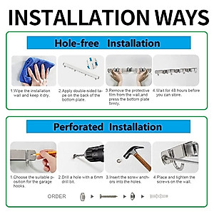 Mokife Mop Broom Holder Wall Mount Heavy Duty Adhesive Tools Organizer Rack Stainless Steel with 4 Positions 5 Hooks for Utility Room, Garage, Laundry, Garden, Kitchen, Bathroom, Toilet and Office