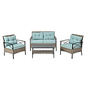 4-Piece Outdoor Patio Pe Wicker Furniture Set with Black Metal Table Brown Modern Contemporary Deep Seating Weather Resistant