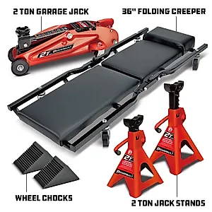 Powerbuilt 6 Piece Car Jack and Garage Creeper Service Set, 2 Ton Vehicle Lift, Jackstands, Folding Creeper, Wheel Chocks, Car Repair Garage Equipment - 640816, Large, Red