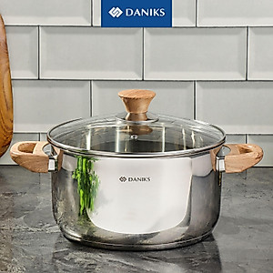 Daniks Oslo Stainless Steel Stock Pot with Glass Lid | Induction 2 Quart | Dishwasher Safe Pot | Heatproof Handles | Soup Pasta Stew Pot | Silver