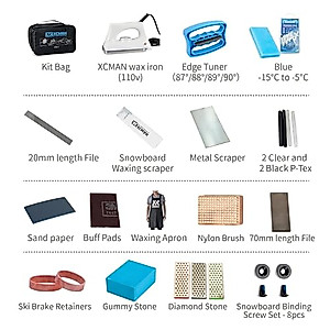 XCMAN Complete Ski Snowboard Tuning Waxing Combo Kit with Waxing Iron,Ski Wax,Side Edge Tuner,Ptex Base Repair,Gummy Stone,Diamond Stones for ski Snowboard EdgeTuning